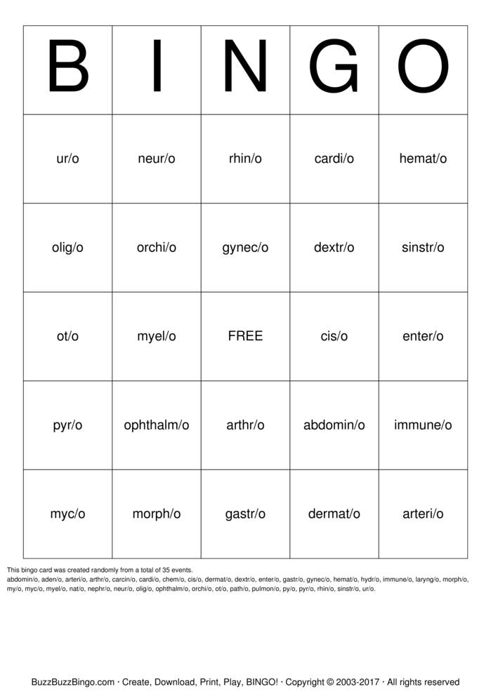 Medical Terms Word Parts Bingo Cards to Download, Print and Customize!