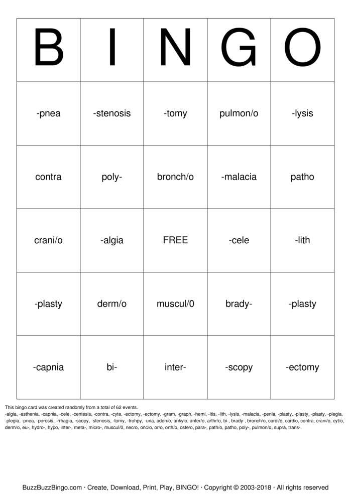 Medical Terms Word Parts Bingo Cards to Download, Print and Customize!