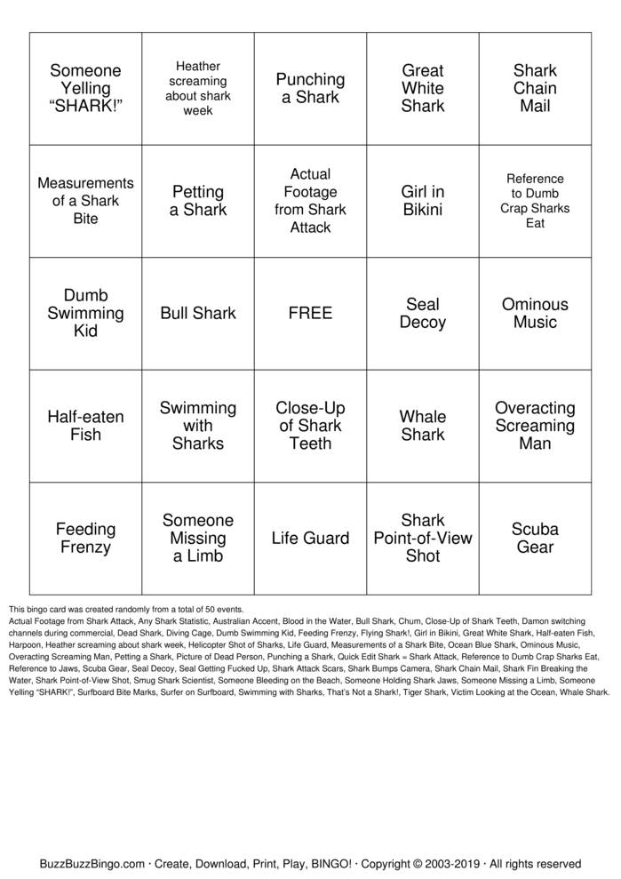 SHARK WEEK BINGO Bingo Cards to Download, Print and Customize!