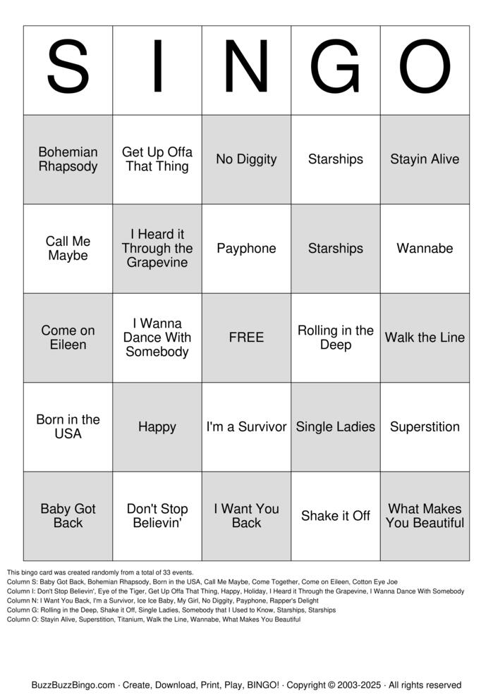 SINGO - CLASSIC Bingo Cards to Download, Print and Customize!
