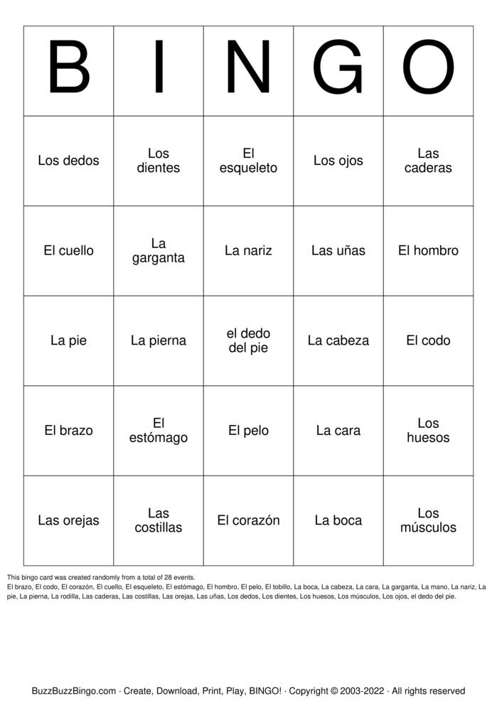 Spanish Body Parts Bingo Cards to Download, Print and Customize!