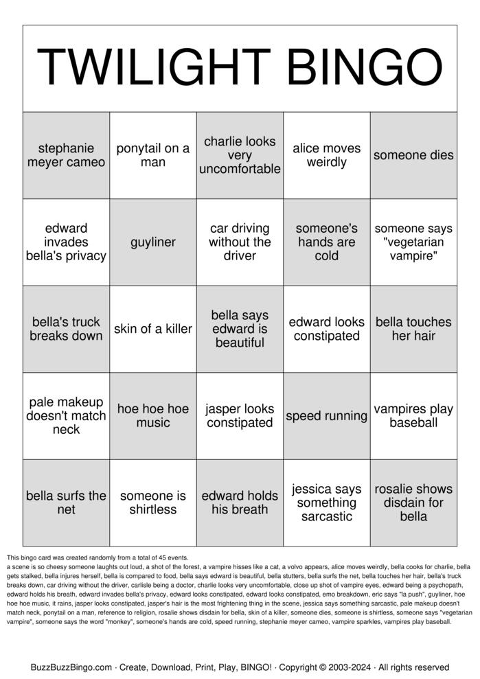 TWILIGHT BINGO Bingo Cards to Download, Print and Customize!