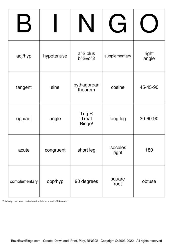 Trig Ratios Bingo Cards to Download, Print and Customize!