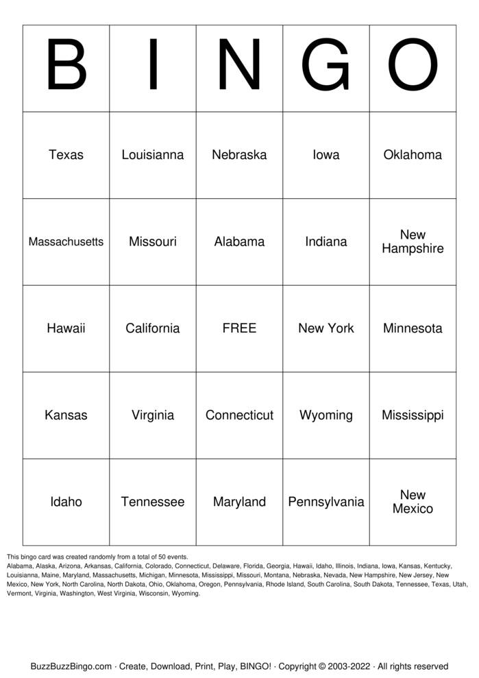 U.S. States Bingo Bingo Cards to Download, Print and Customize!