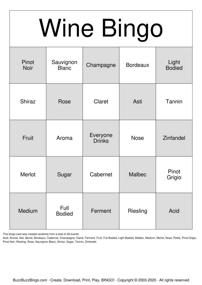 Wine Bingo Bingo Cards to Download, Print and Customize!