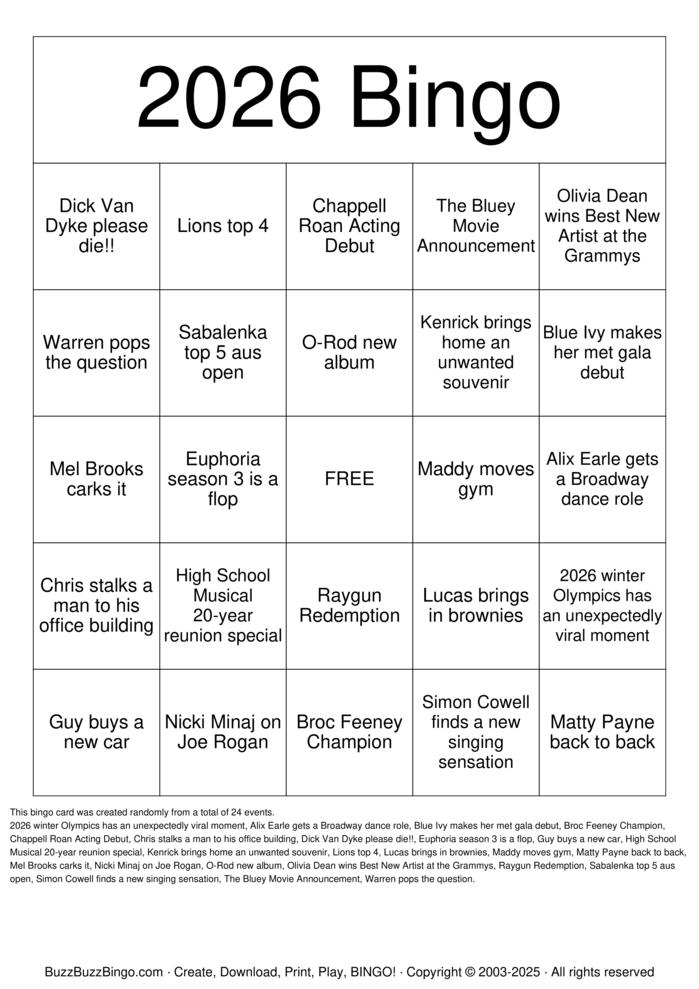2026 Bingo Bingo Cards to Download, Print and Customize!