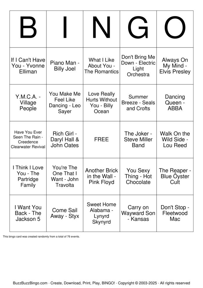 70s Music Bingo Cards to Download, Print and Customize!