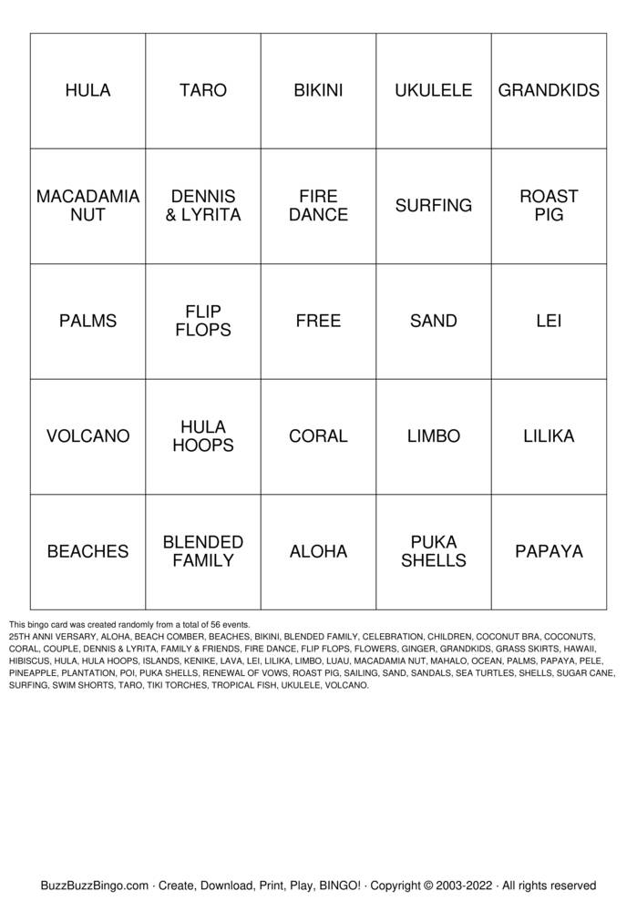 ALOHA Bingo Cards to Download, Print and Customize!