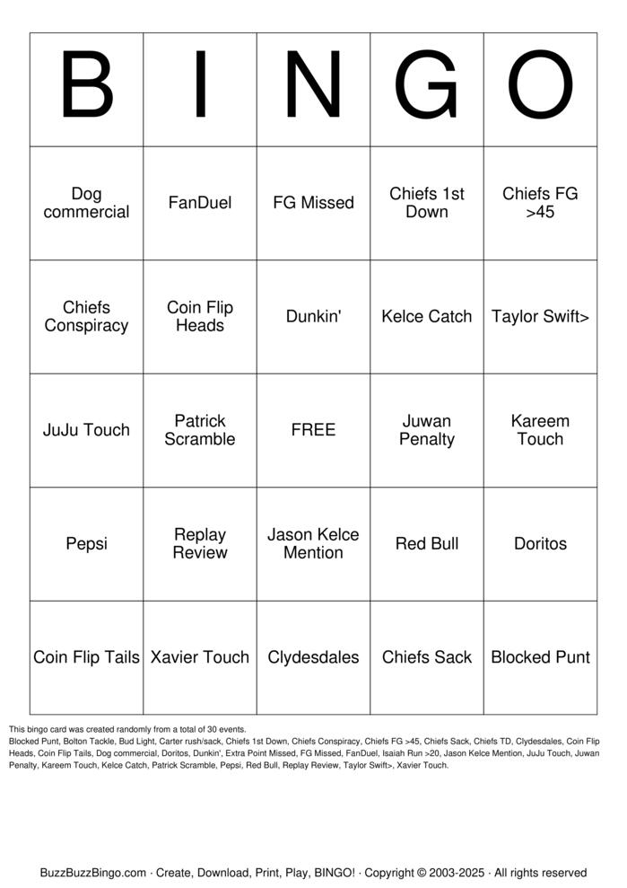 Chiefs Chicks Upper Left Bingo Cards to Download, Print and Customize!