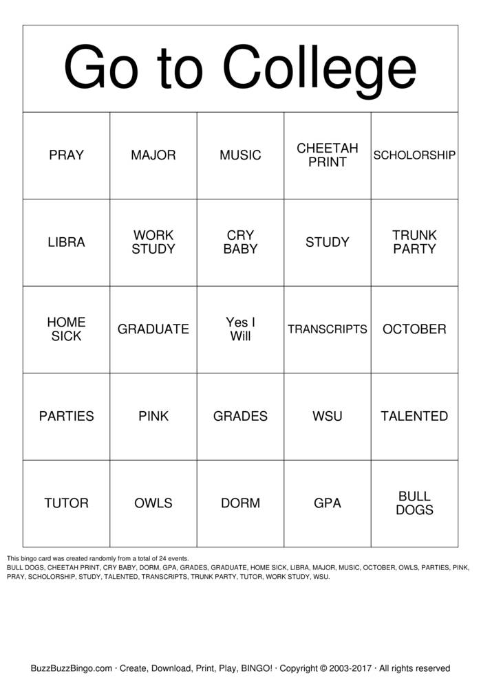 College Bingo Cards to Download, Print and Customize!