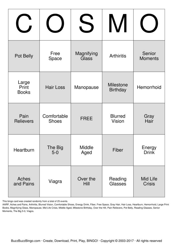 Cosmo Bingo Cards to Download, Print and Customize!