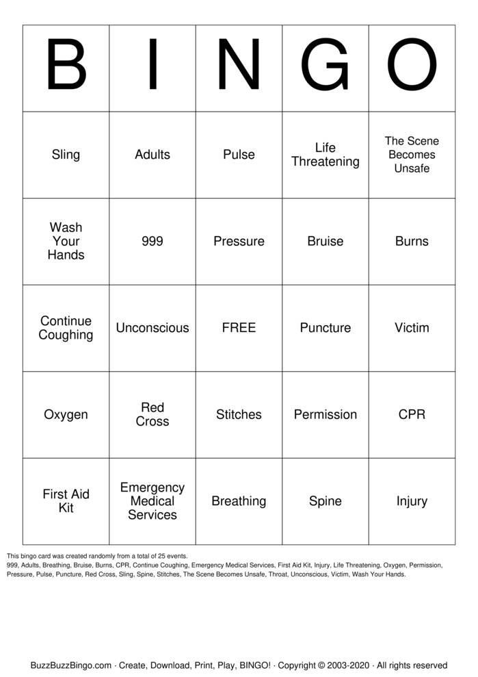 First Aid Bingo Bingo Cards to Download, Print and Customize!