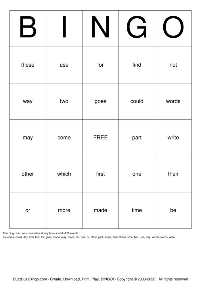 High frequency words Bingo Cards to Download, Print and Customize!
