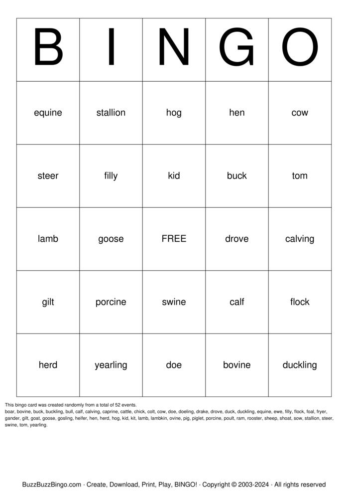 Livestock Bingo Cards to Download, Print and Customize!