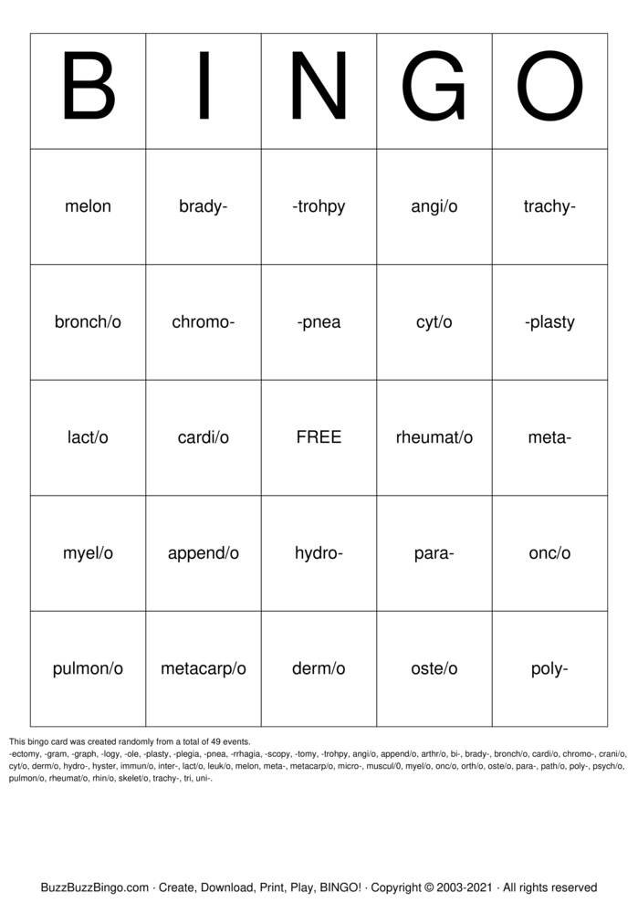 Medical Terms Word Parts Bingo Cards to Download, Print and Customize!