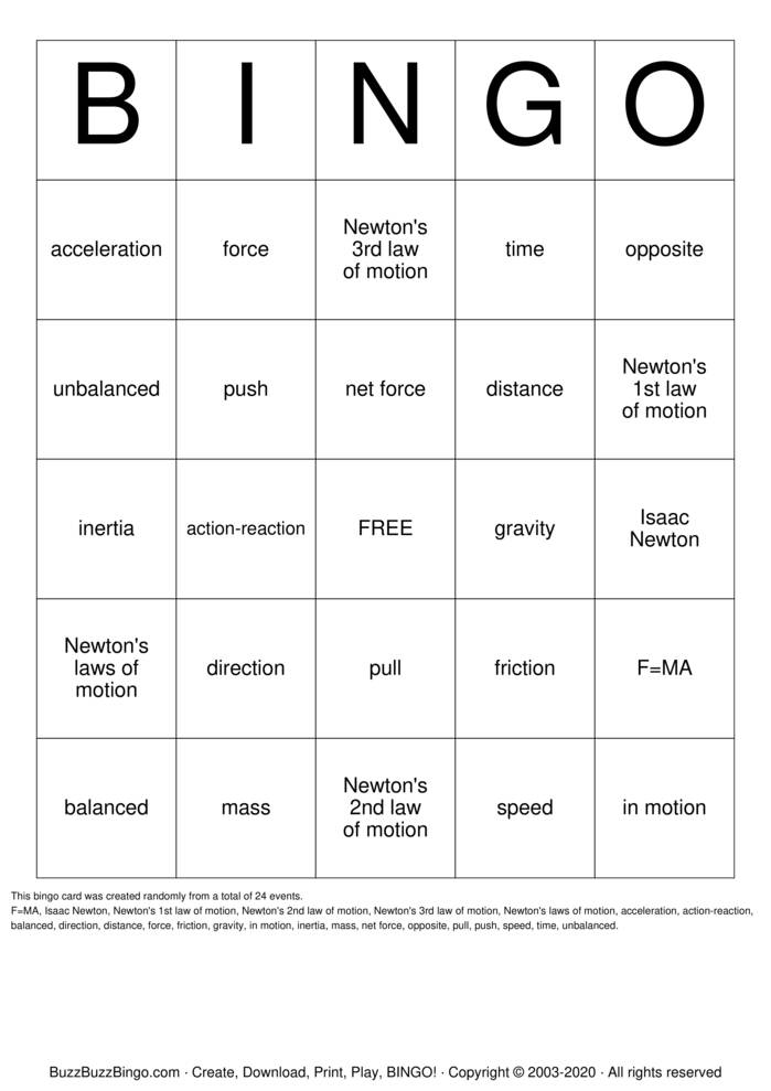 Newton's Laws Bingo Cards to Download, Print and Customize!