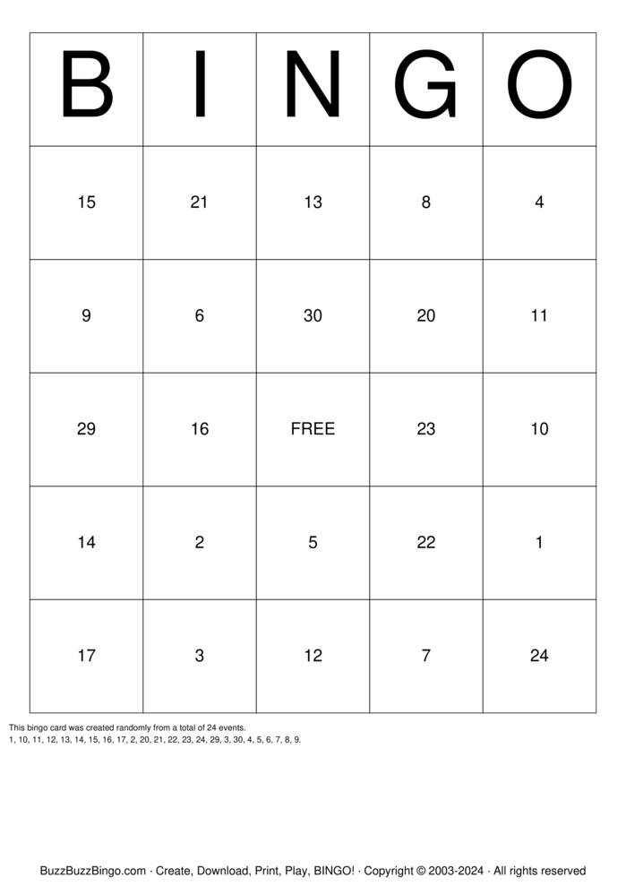 Numbers 1-31 Bingo Cards to Download, Print and Customize!