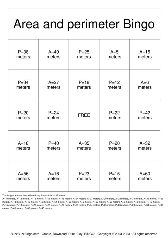 Perimeter and Area Bingo Blitz Bingo Cards to Download, Print and ...
