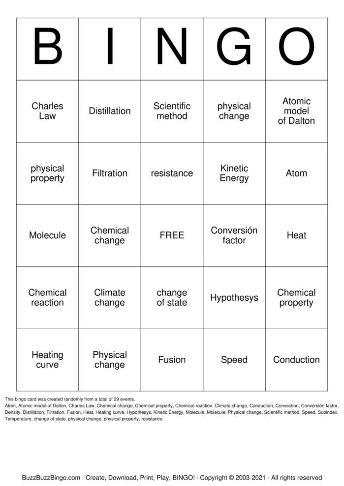 Physical Science Bingo Cards to Download, Print and Customize!
