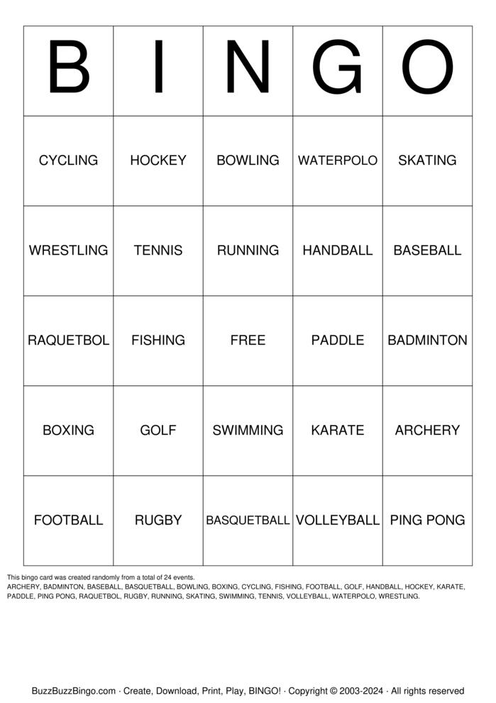 SPORT Bingo Cards to Download, Print and Customize!