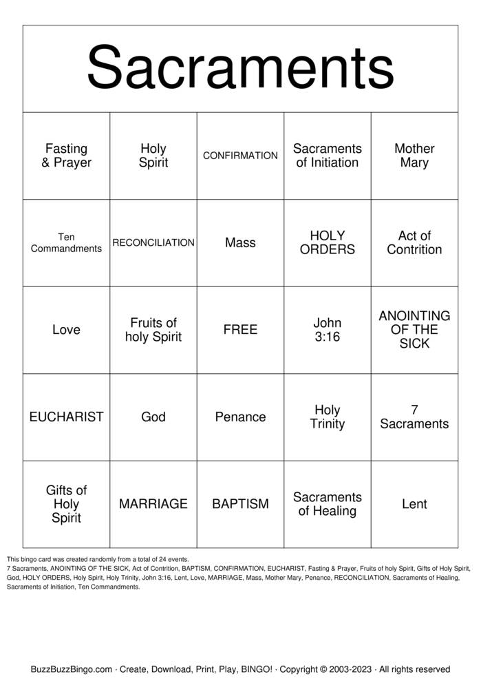Sacraments Bingo Cards to Download, Print and Customize!