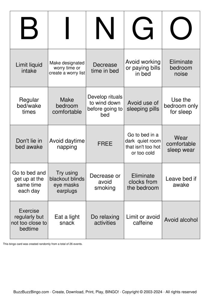 Sleep Hygiene Bingo Cards to Download, Print and Customize!