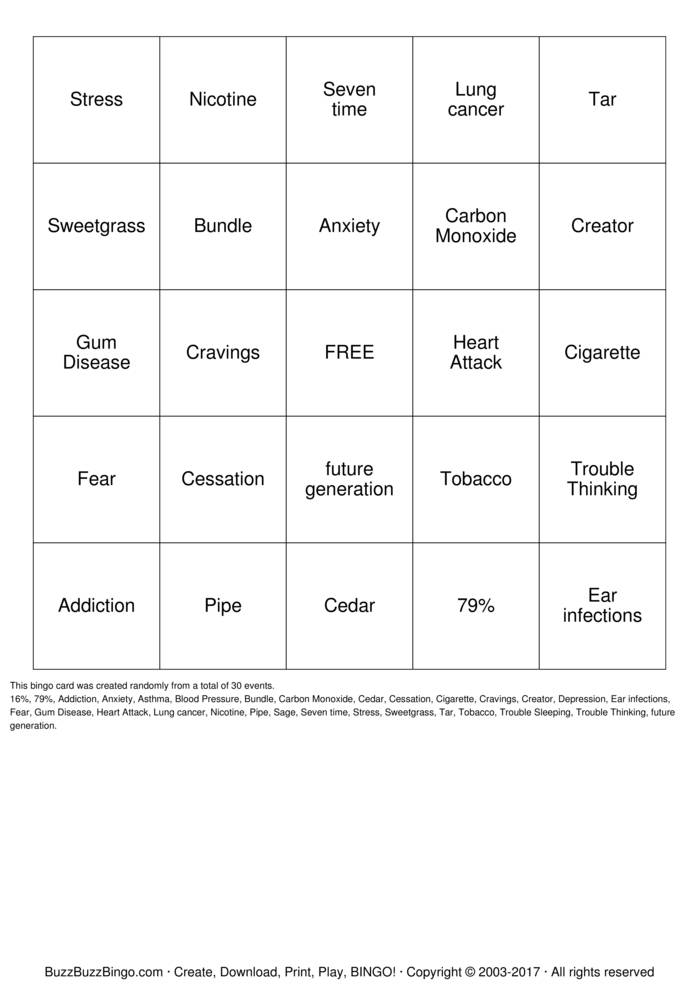 Smoking Cessation BINGO Bingo Cards to Download, Print and Customize!