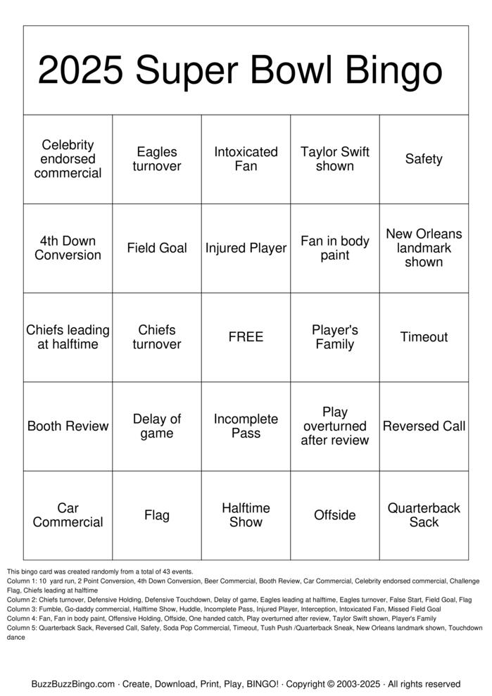 Super Bowl 2025 Bingo Cards to Download, Print and Customize!