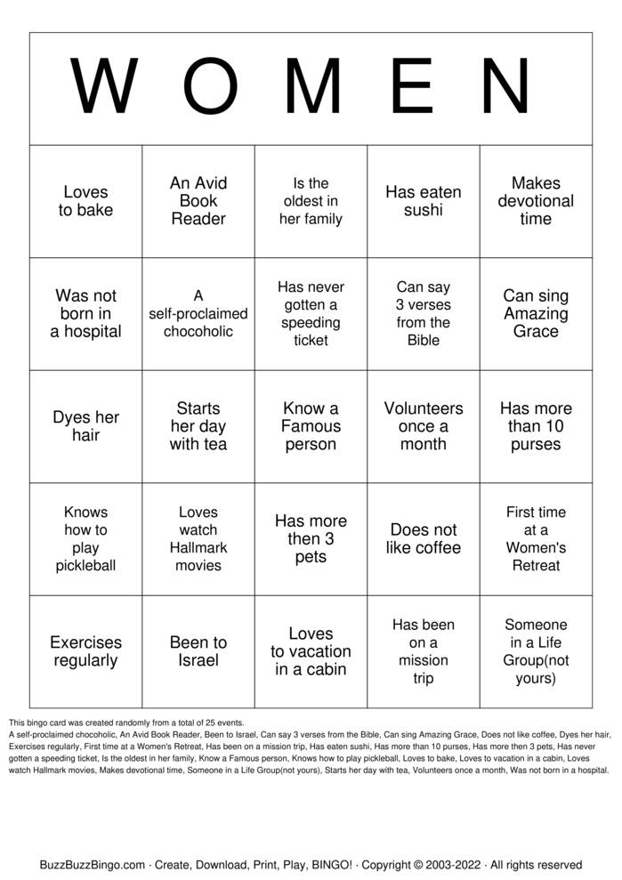 W O M E N Bingo Cards to Download, Print and Customize!