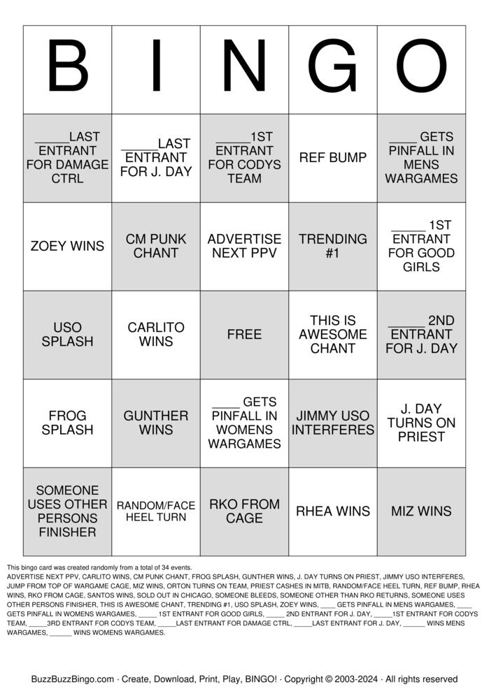 WWE WARGAMES Bingo Cards to Download, Print and Customize!