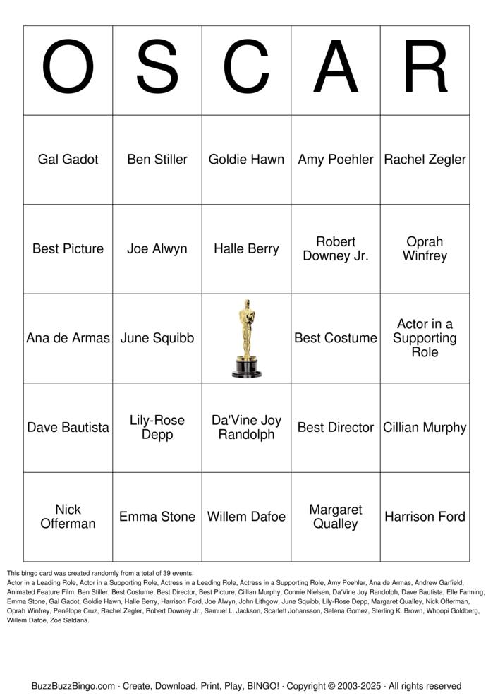 2025 Academy Award Oscars Bingo Cards to Download, Print and Customize!