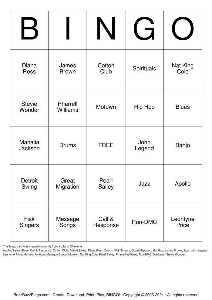 African American Music Bingo Bingo Cards to Download, Print and Customize!