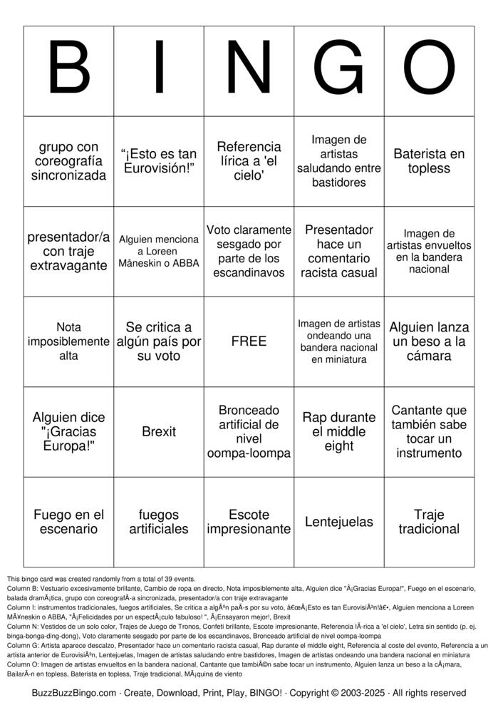 EUROVISION! Bingo Cards to Download, Print and Customize!