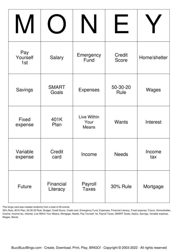 Financial Literacy Bingo Cards to Download, Print and Customize!
