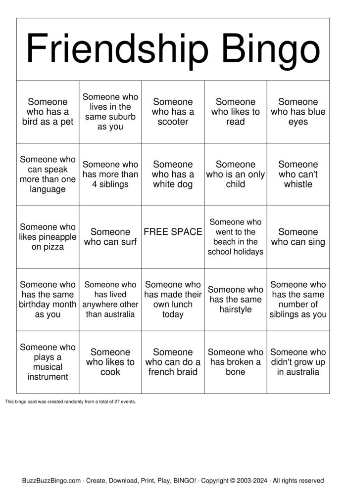 Friendship Bingo Bingo Cards to Download, Print and Customize!