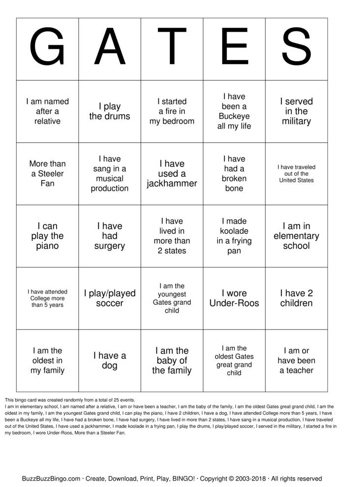 GATES Bingo Cards to Download, Print and Customize!
