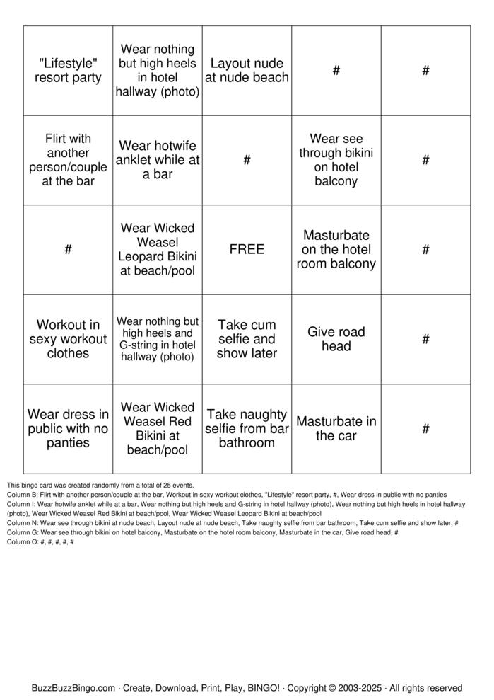 Hotwife Vacation Challenge Bingo Cards to Download, Print and Customize!