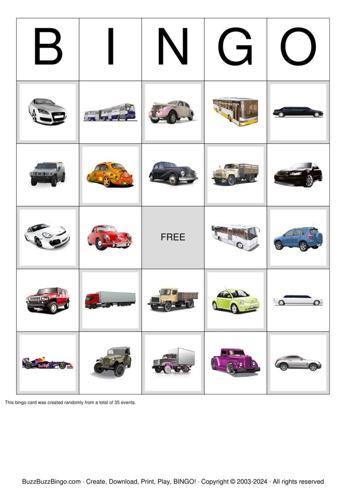 Images of Cars Bingo Cards to Download, Print and Customize!