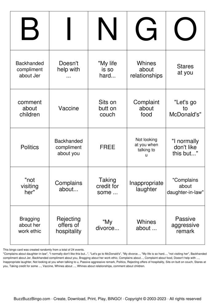 In-law Bingo Cards to Download, Print and Customize!