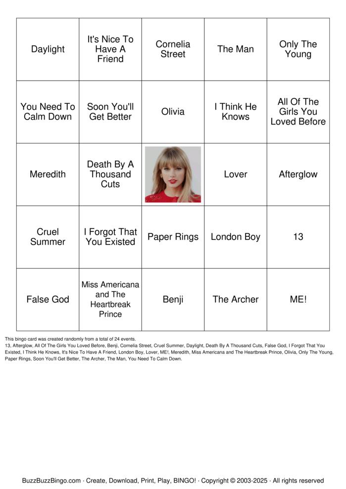 Taylor Swift Lover Bingo Cards to Download, Print and Customize!