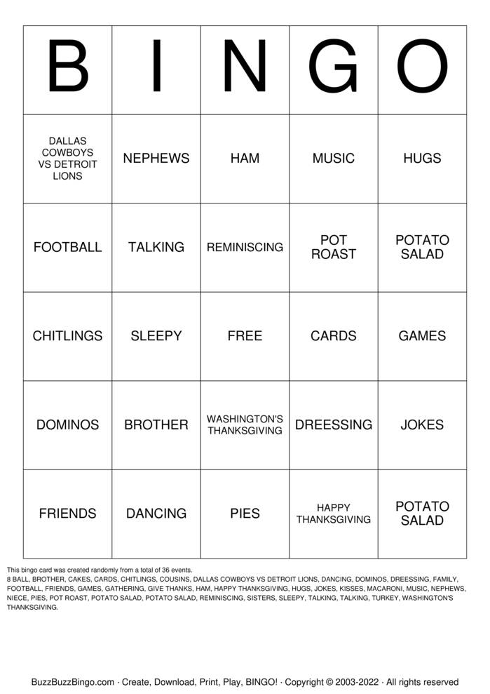 WASHINGTON'S THANKSGIVING Bingo Cards to Download, Print and Customize!
