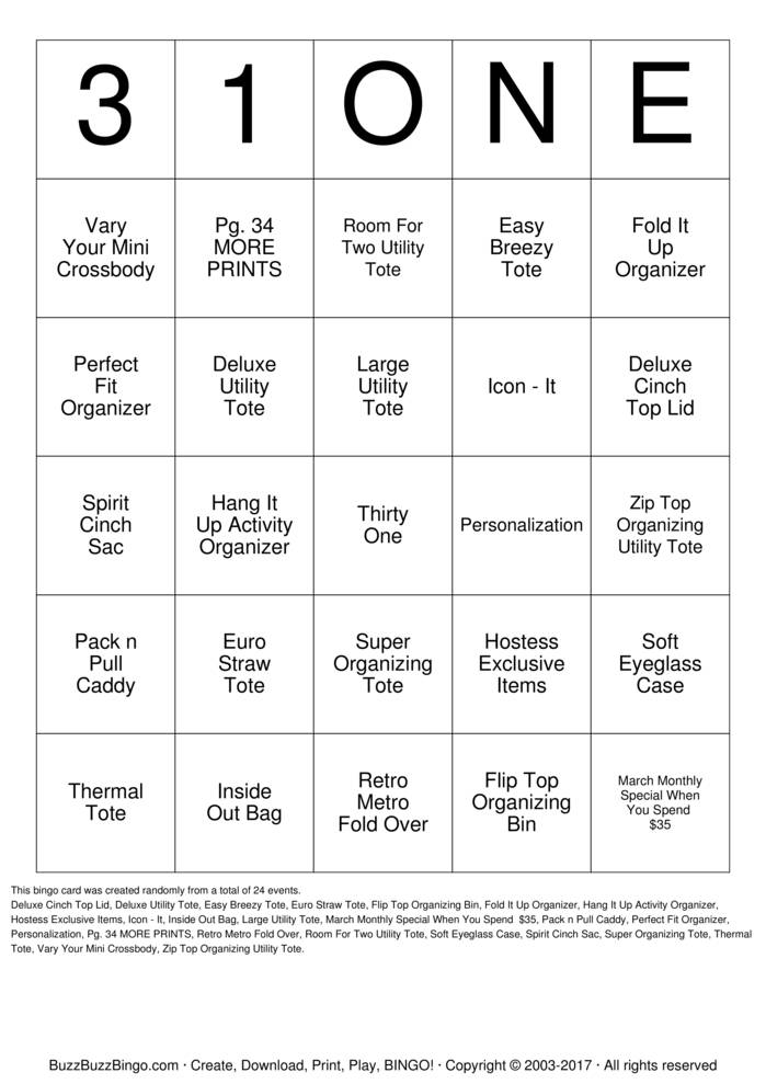 31ONE Bingo Cards to Download, Print and Customize!