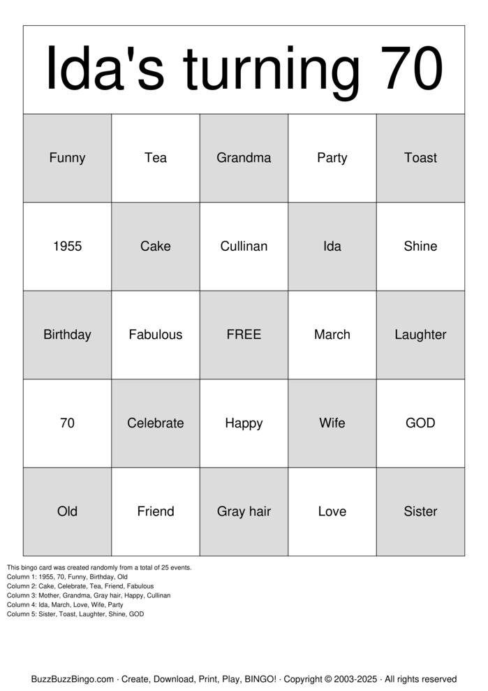 70th Birthday Bingo Cards to Download, Print and Customize!