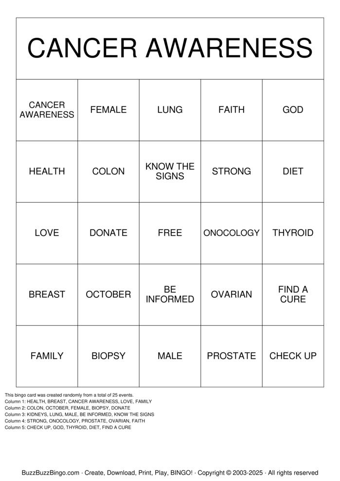 CANCER AWARENESS Bingo Cards to Download, Print and Customize!