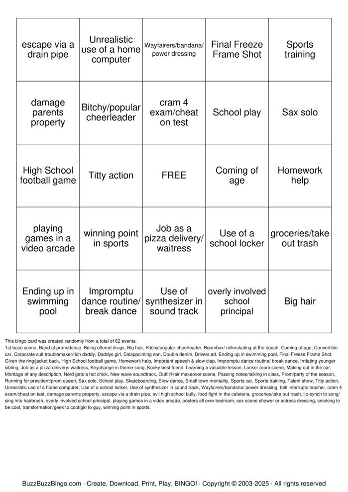 Coming of age Movie Cliche Bingo Cards to Download, Print and Customize!