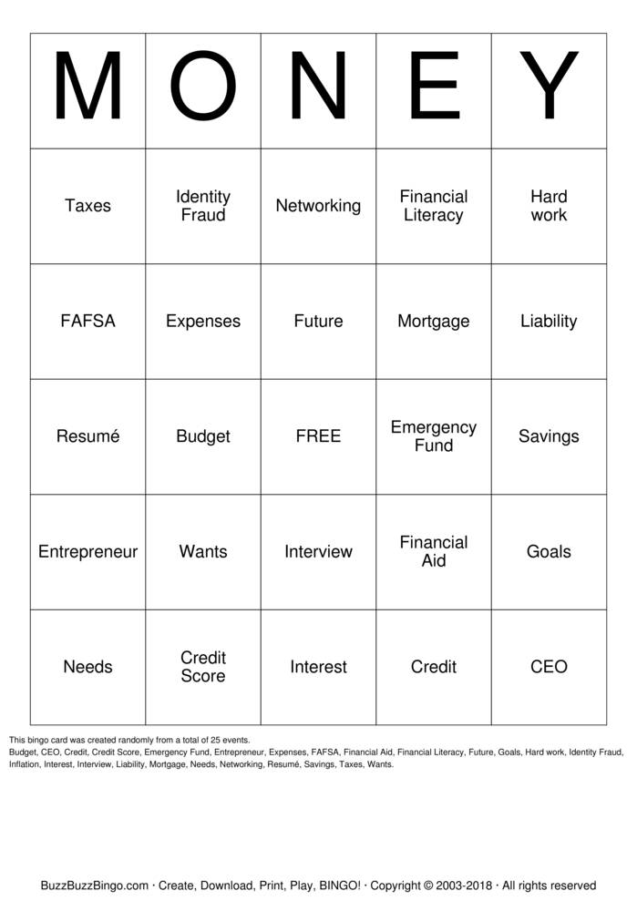 Financial Literacy Bingo Cards to Download, Print and Customize!