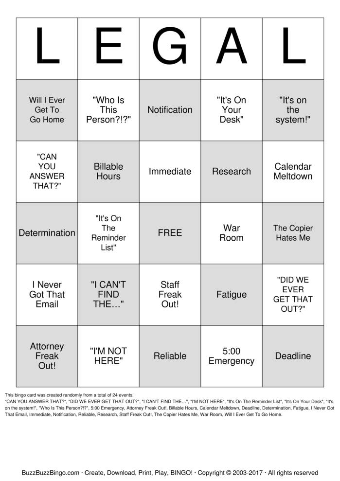 LEGAL Bingo Cards to Download, Print and Customize!