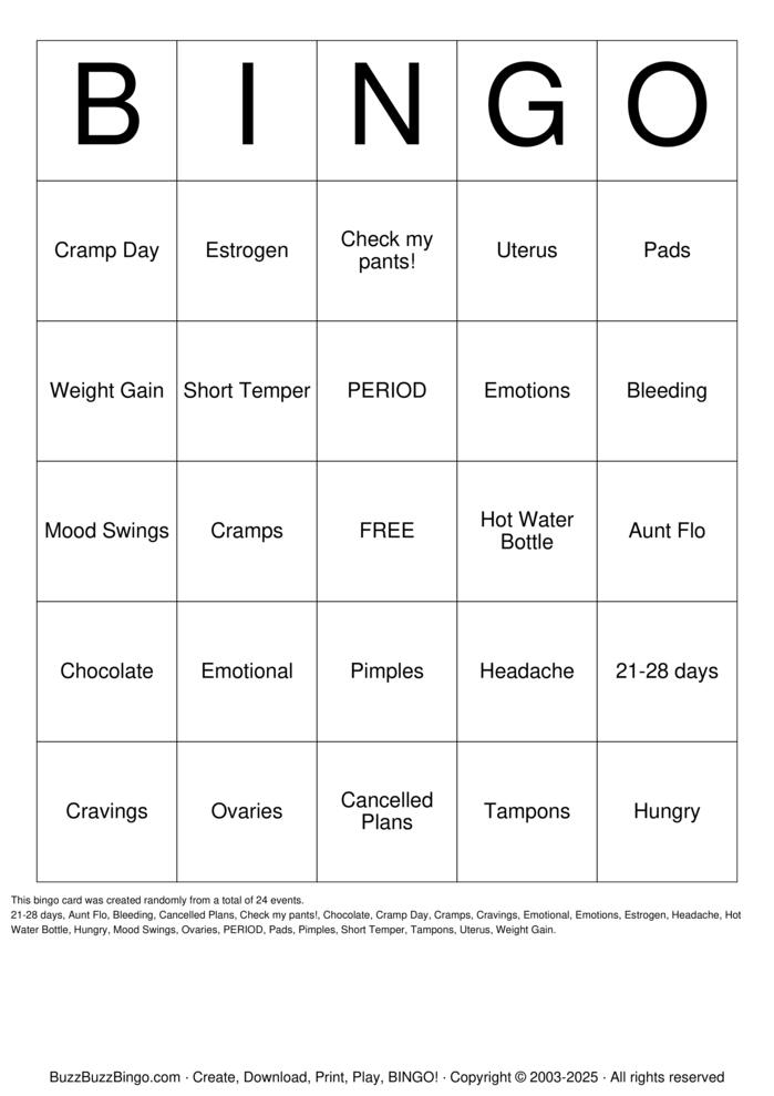 Period Bingo Cards to Download, Print and Customize!