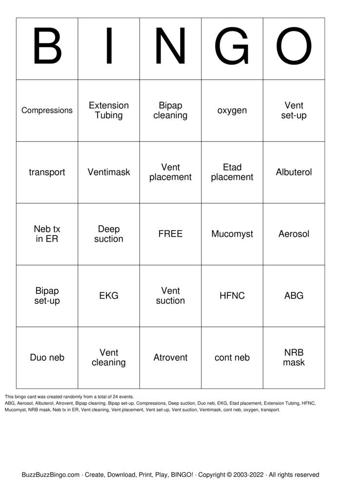 Respiratory Care Week Bingo Cards to Download, Print and Customize!