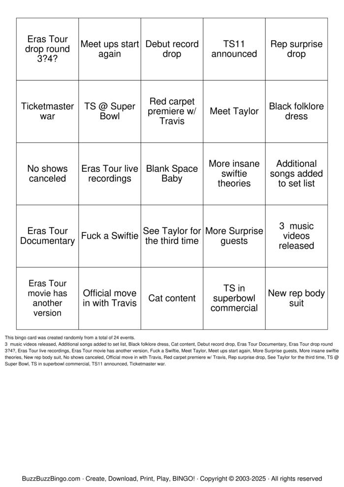 Taylor Swift Bingo Cards to Download, Print and Customize!